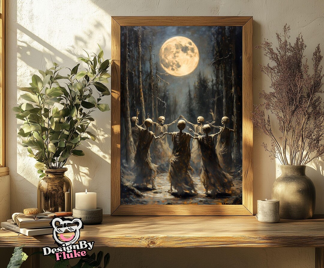 Dancing Skeletons Under Full Moon, Haunted Skeletons in Forest Oil ...