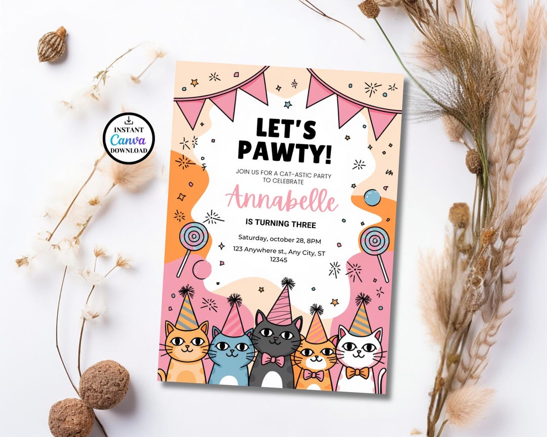 Cat Themed Birthday Invitation,cat Birthday Invite,cat Invitation ...