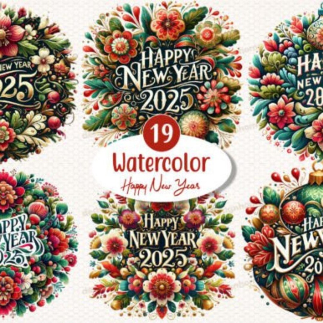 Happy New Year 2025 Clipart Bundle Watercolor PNG Files 19 High ...