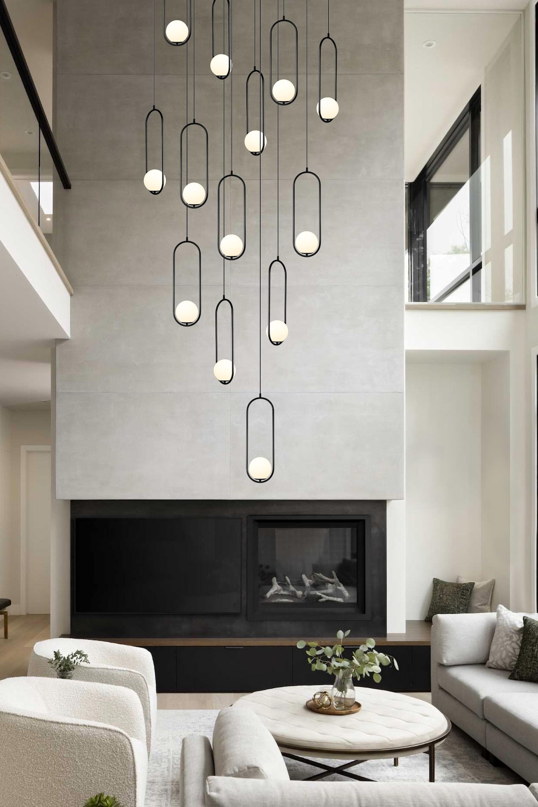 Modern Multi-pendant Chandelier, Opal Glass Globe, Stairwell Lighting ...
