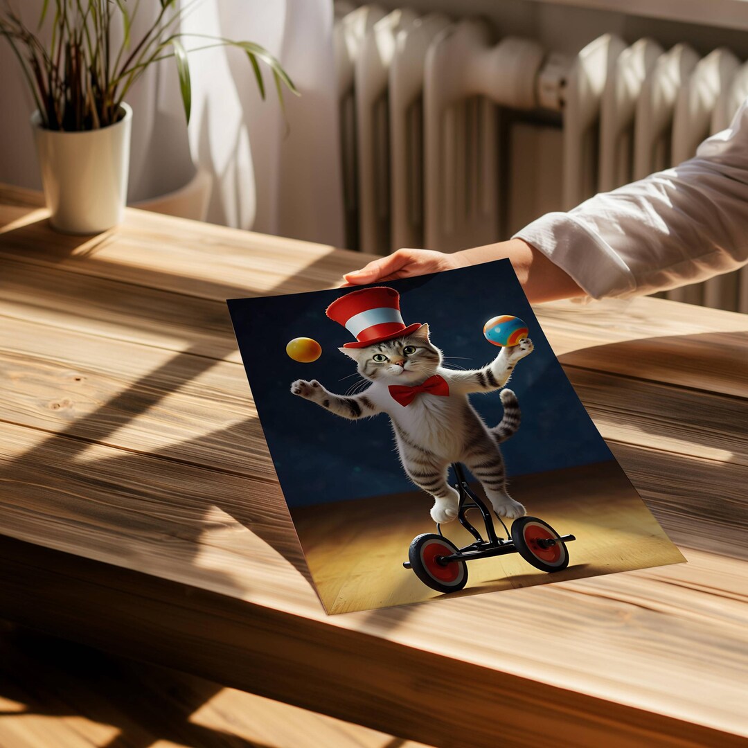 Circus Cat Art Print Adorable Cat Balancing on Unicycle With Top Hat ...