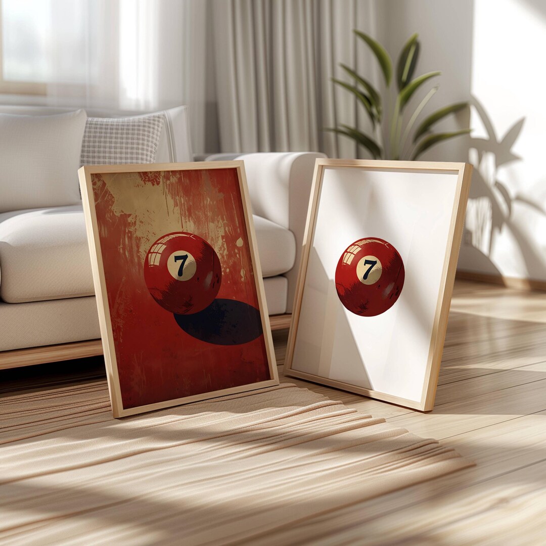 Vintage Pool Ball Art Set Two Unique Prints of Red No. 7 Ball Perfect ...