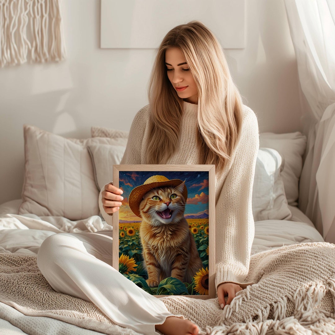 Adorable Orange Tabby Cat Art Print Cat in Sunflower Field With Straw ...