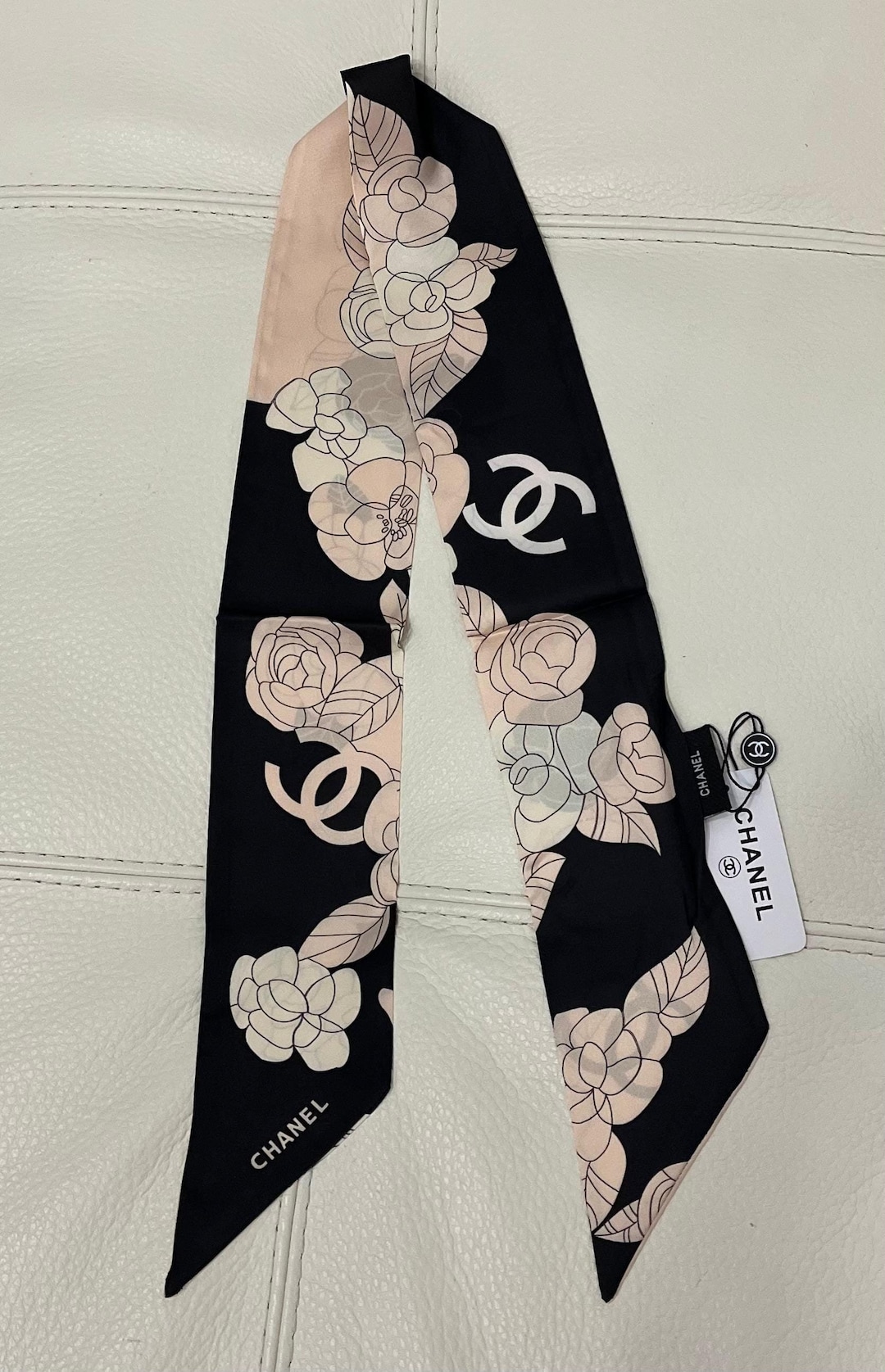 Vintage Chanel Black & Beige Floral Silk Pre-loved Bandeau Scarf ...