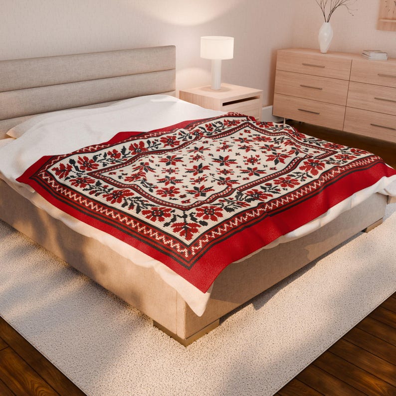Velveteen Plush Blanket, Slavic Ukrainian Floral Embroidery, Cozy Throw ...