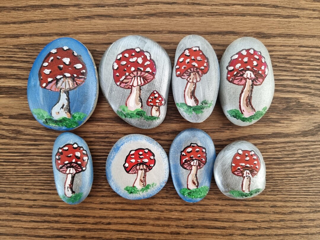 Whimsical Toadstool Stone Set 8pcs Hand-painted Mushroom Rocks Fairy ...