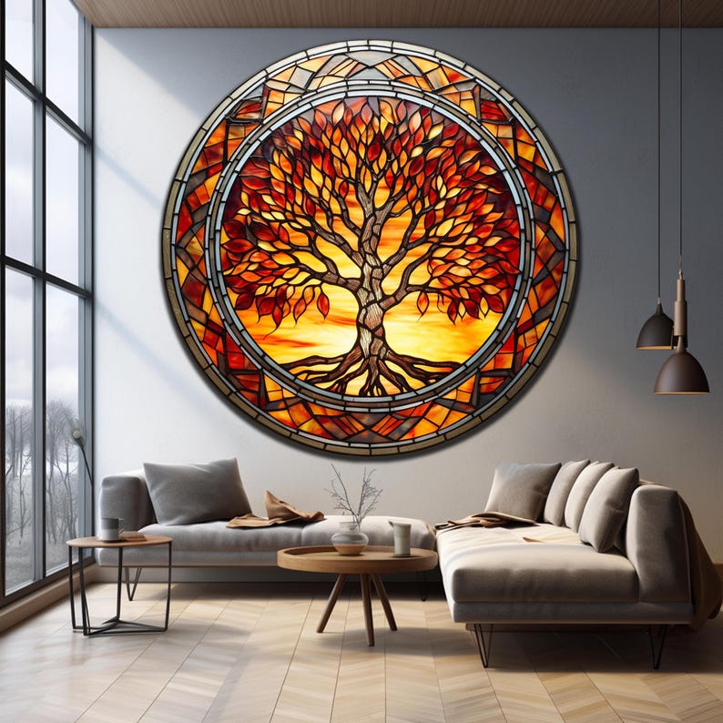 Tree of Life Tempered Glass Wall Art, Mosaic Glass Printing, Round Tree ...