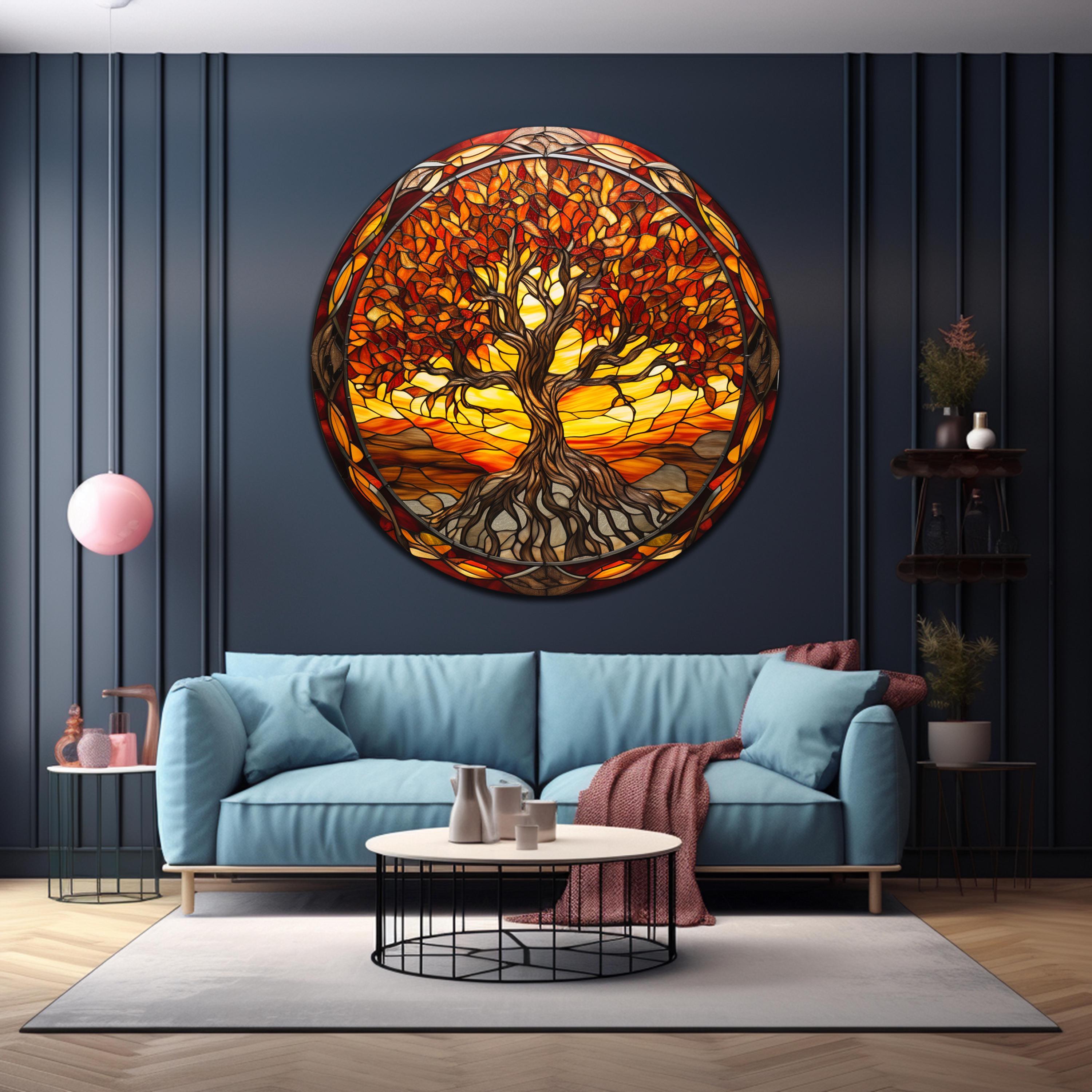 Tree of Life Tempered Glass Wall Art, Mosaic Glass Printing, Round Tree ...