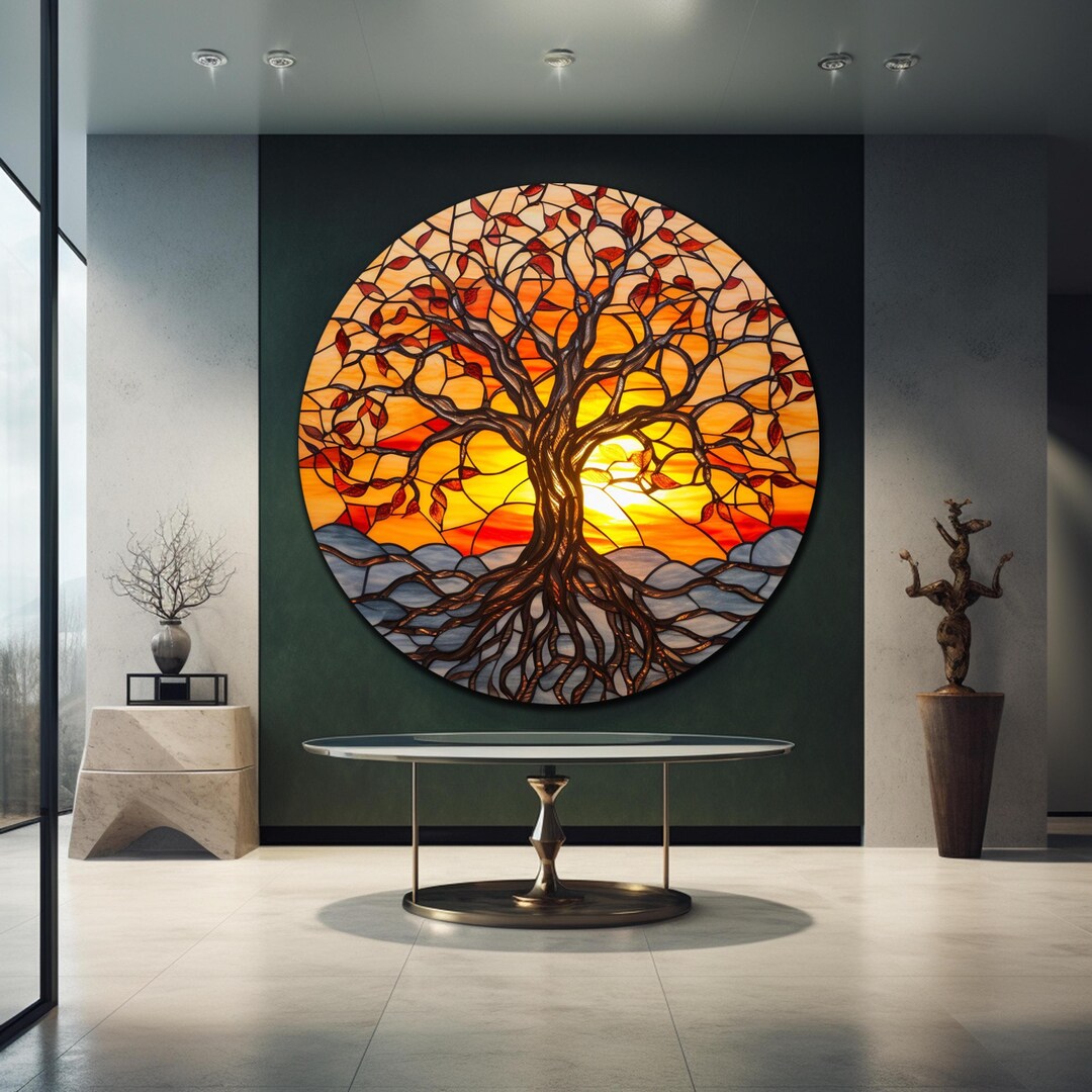 Tree of Life Tempered Glass Wall Art, Mosaic Glass Printing, Round Tree ...