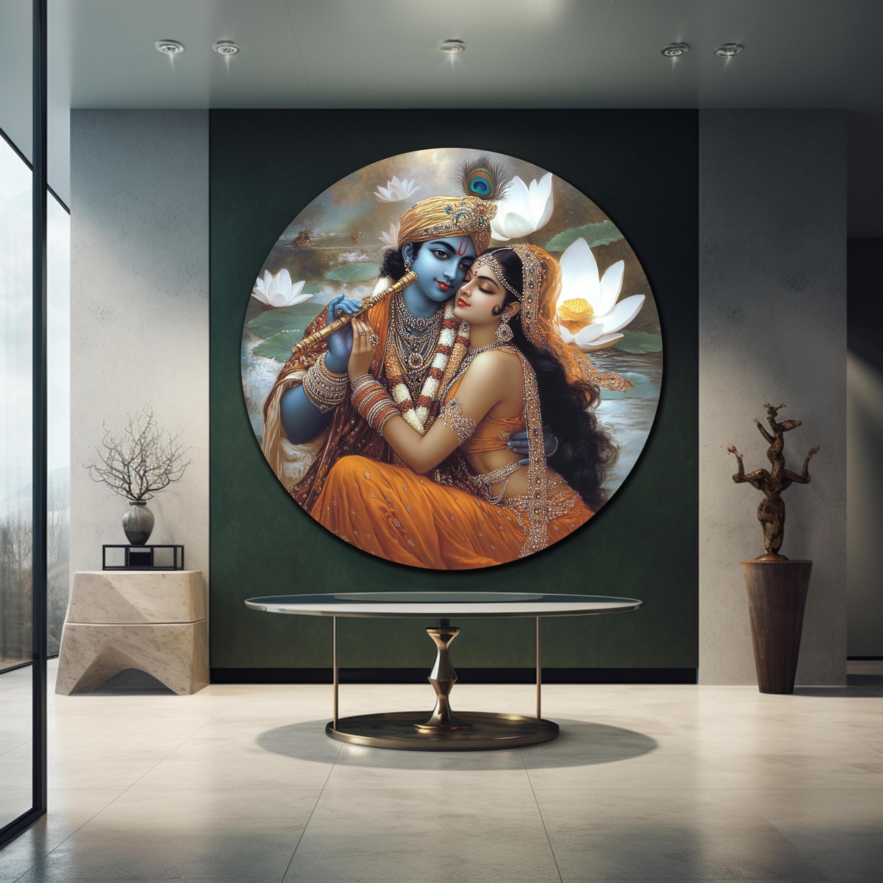 Lord Krishna and Radha Tempered Glass Wall Art, Hindu Wall Art, Round ...