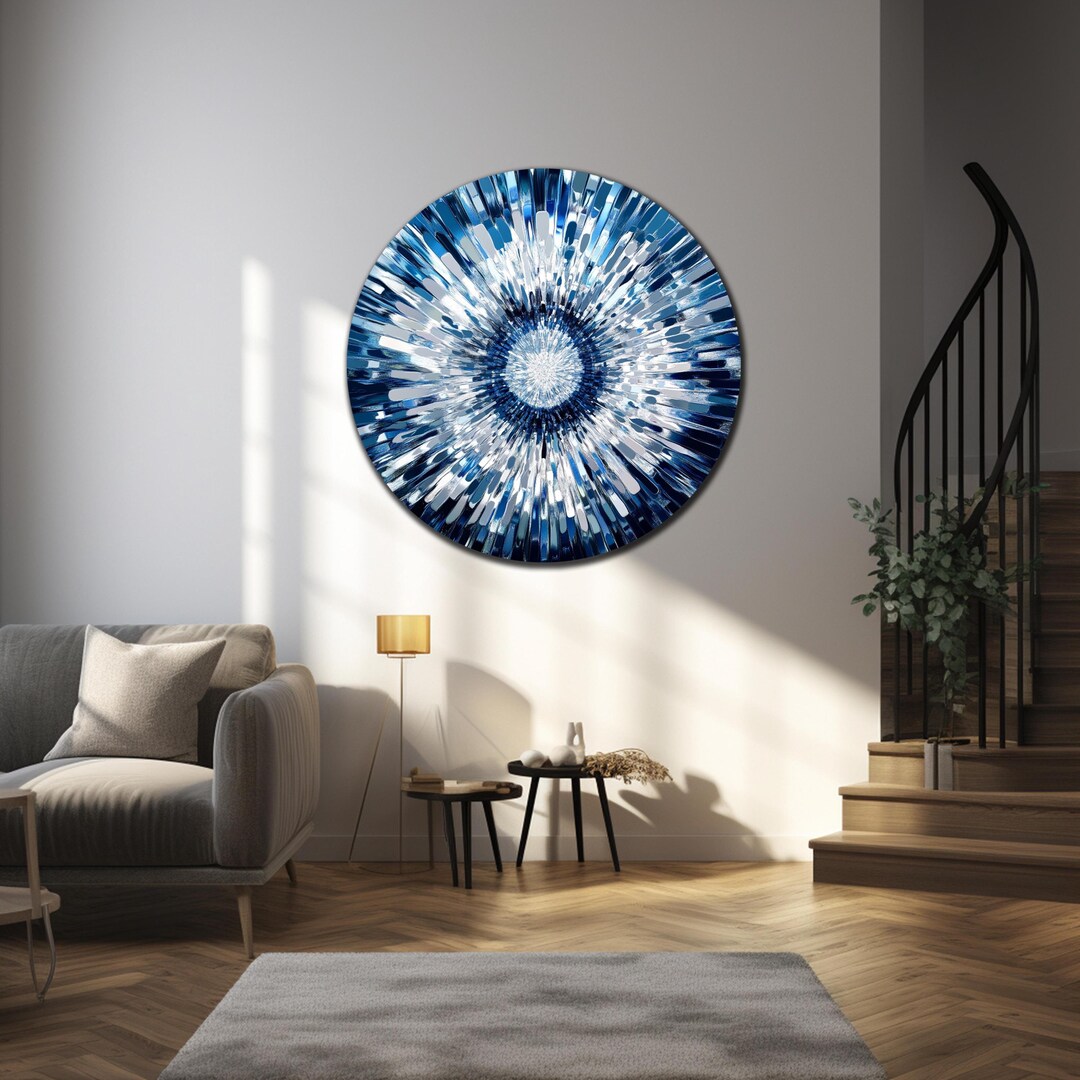 Blue Tempered Glass Wall Art, Blue Abstract Glass Printing, Circle ...