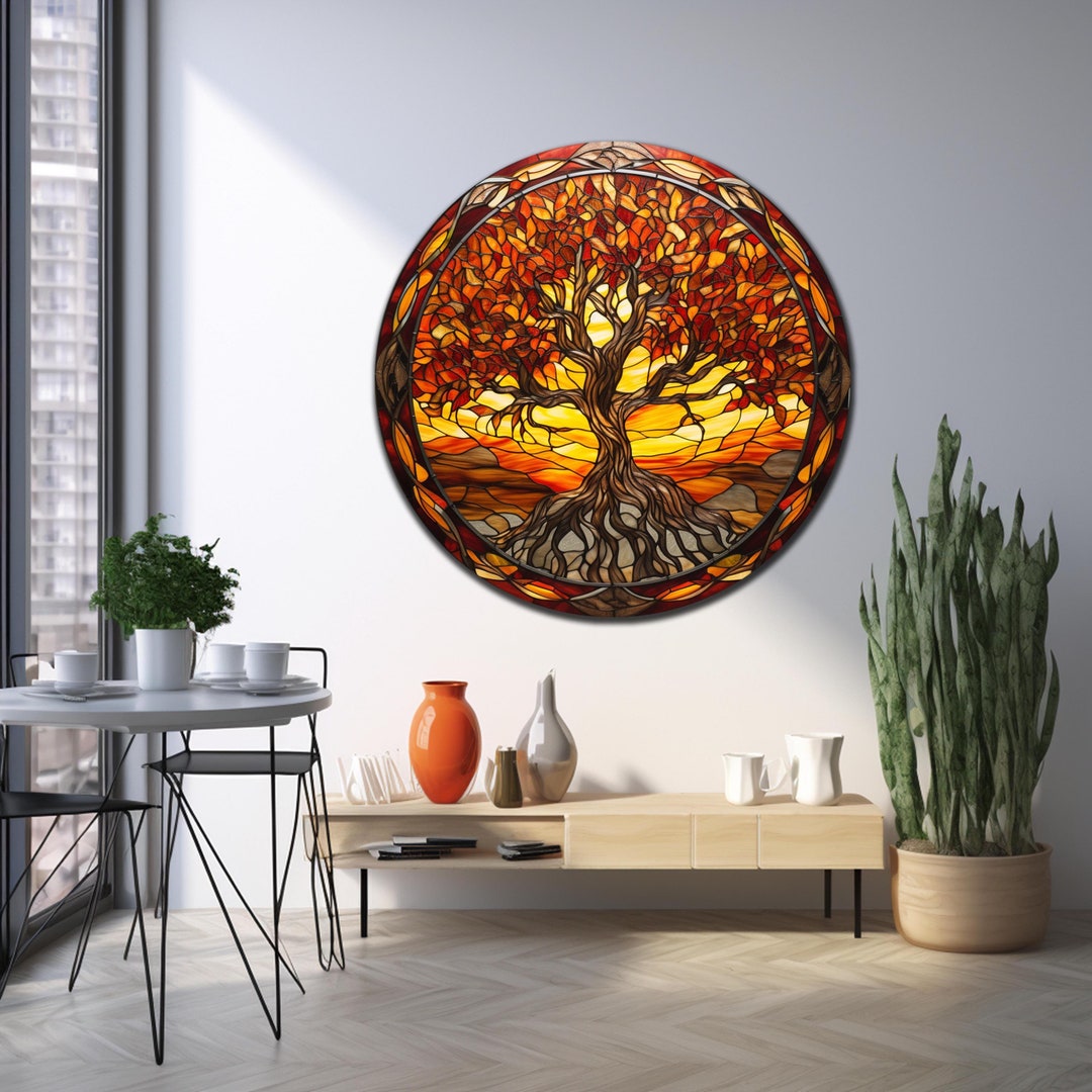 Tree of Life Tempered Glass Wall Art, Mosaic Glass Printing, Round Tree ...