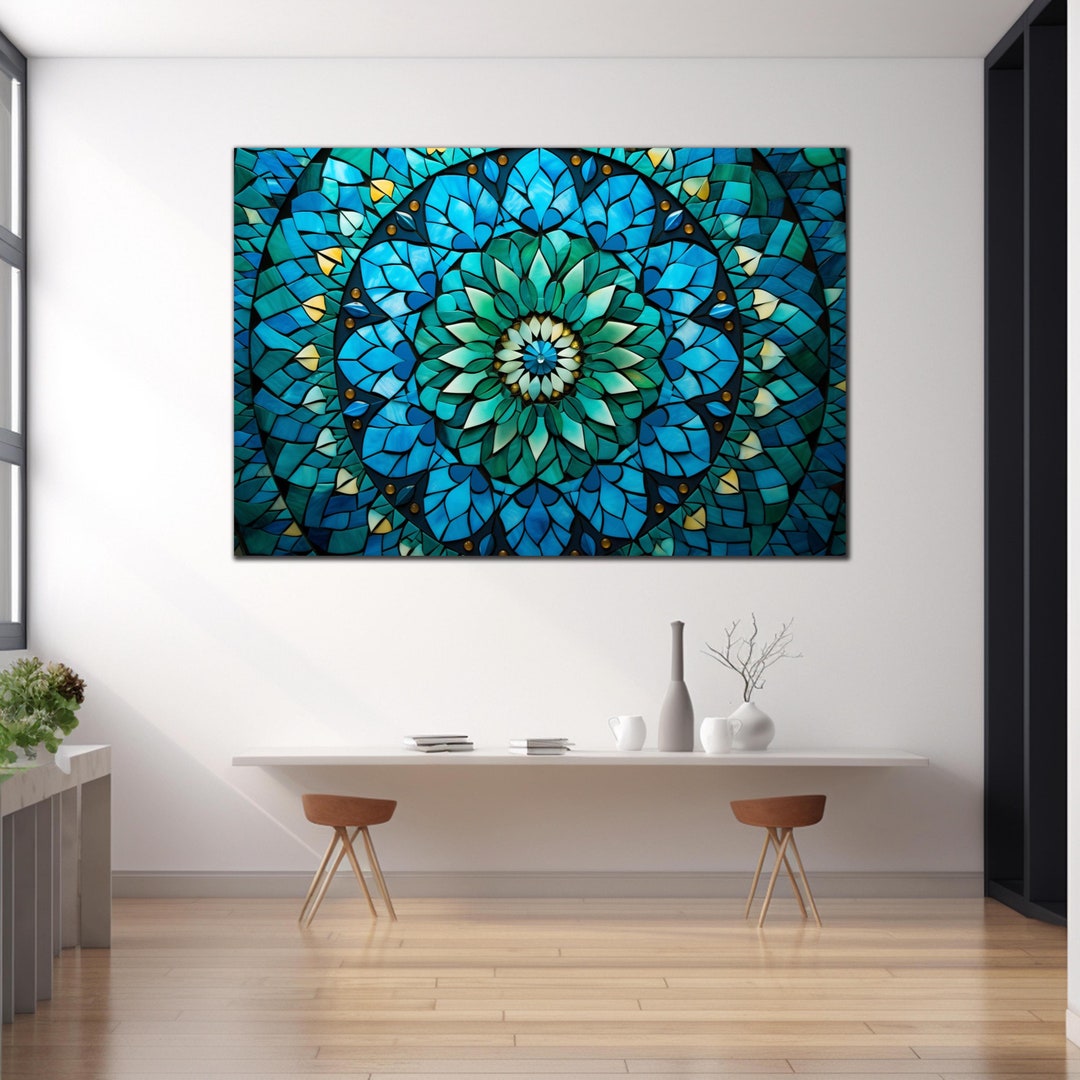 Mosaic Wall Decor, Blue Mosaic Tempered Glass, Mandala Glass Printing ...