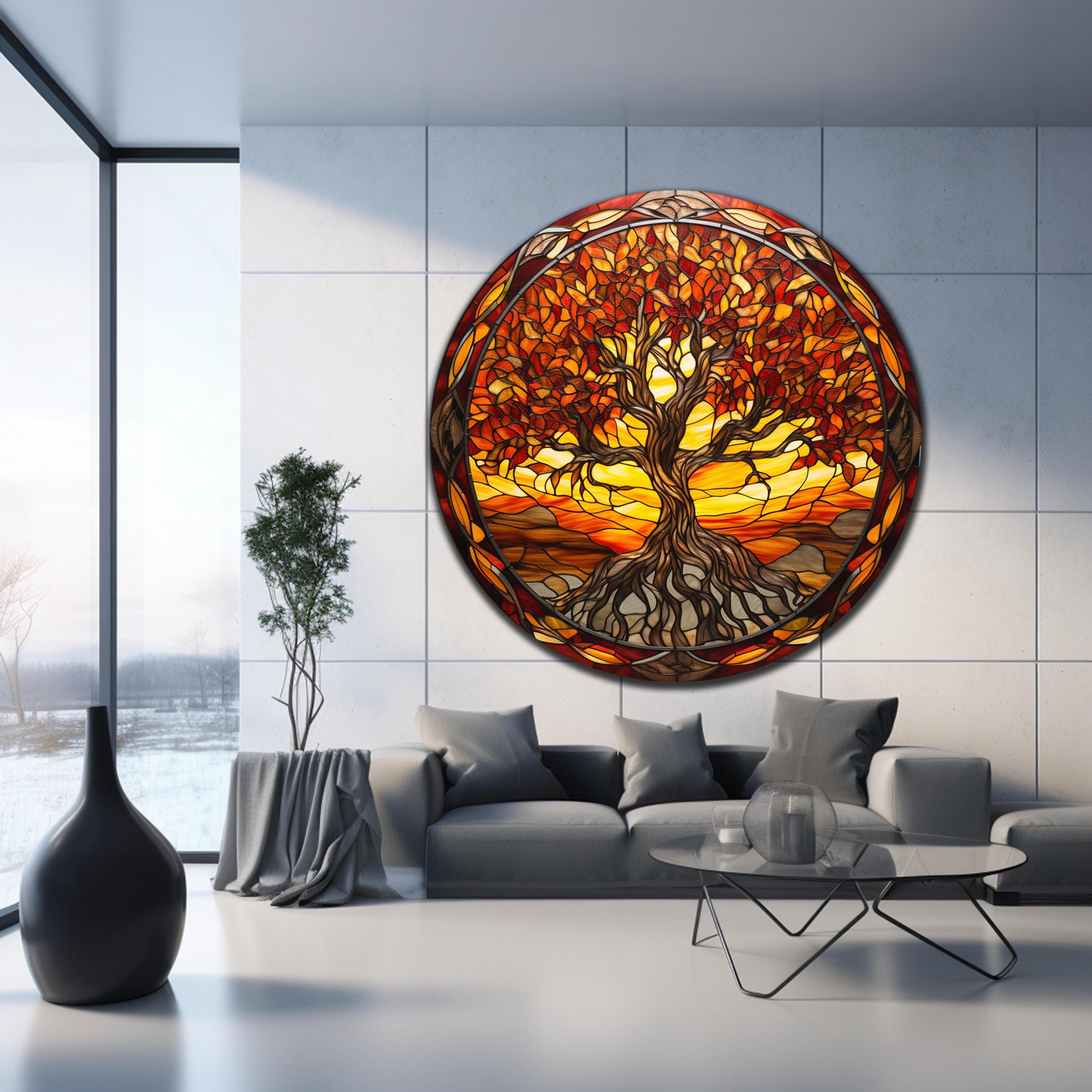 Tree of Life Tempered Glass Wall Art, Mosaic Glass Printing, Round Tree ...