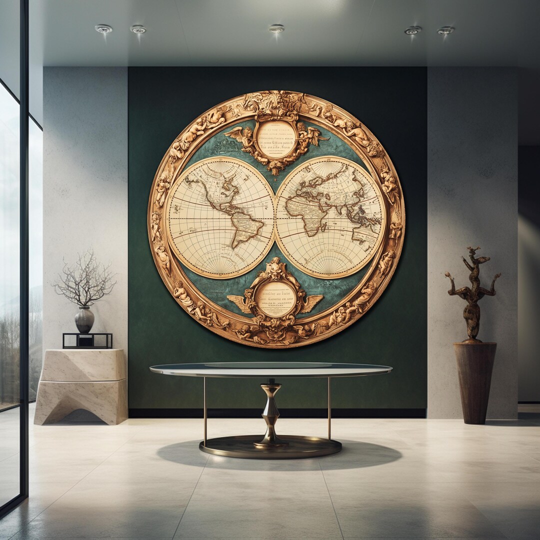 Map Tempered Glass Wall Art, Round Glass Wall Art, Old Map Glass Print ...