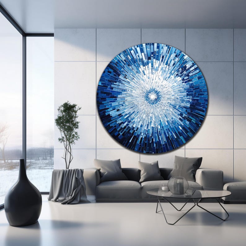 Blue Tempered Glass Wall Art, Blue Abstract Glass Printing, Circle ...