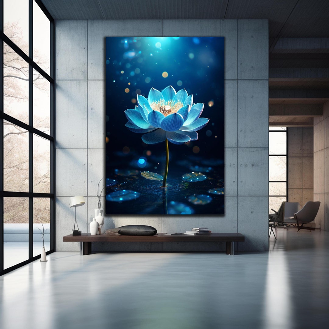Lotus Flower Glass Wall Art, Blue Lotus Flower Wall Decor, Magical ...