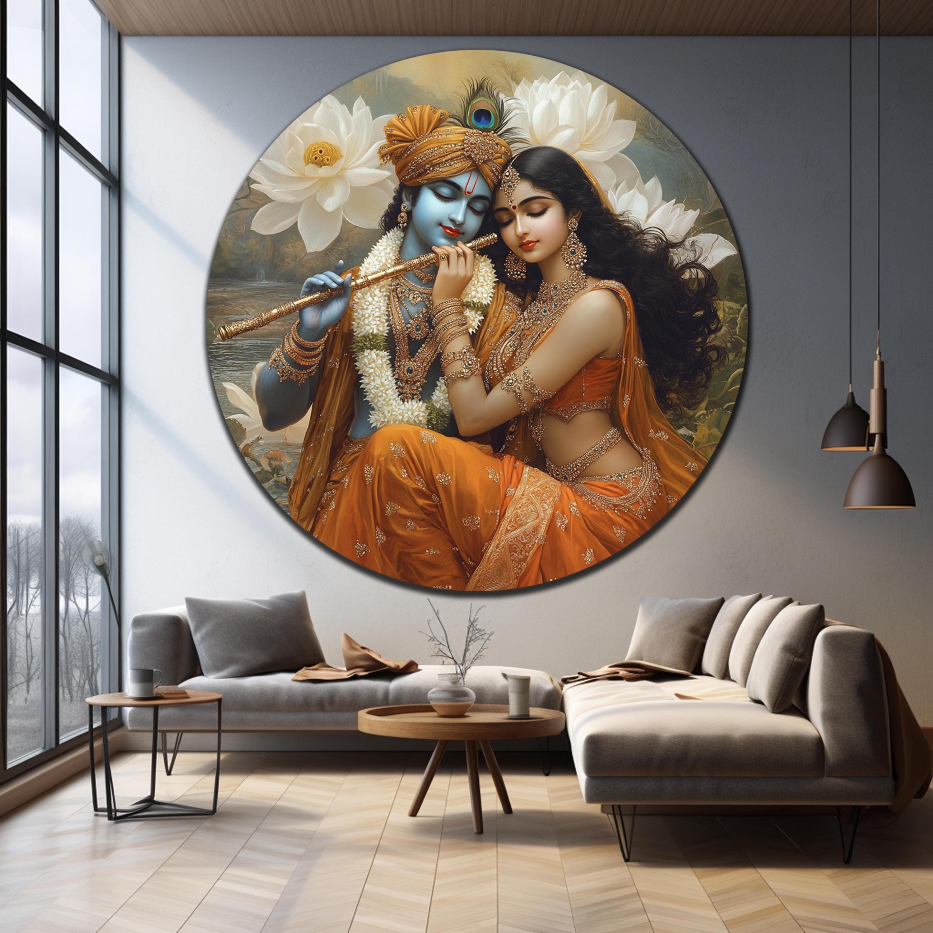 Lord Krishna and Radha Tempered Glass Wall Art, Hindu Wall Art, Round ...
