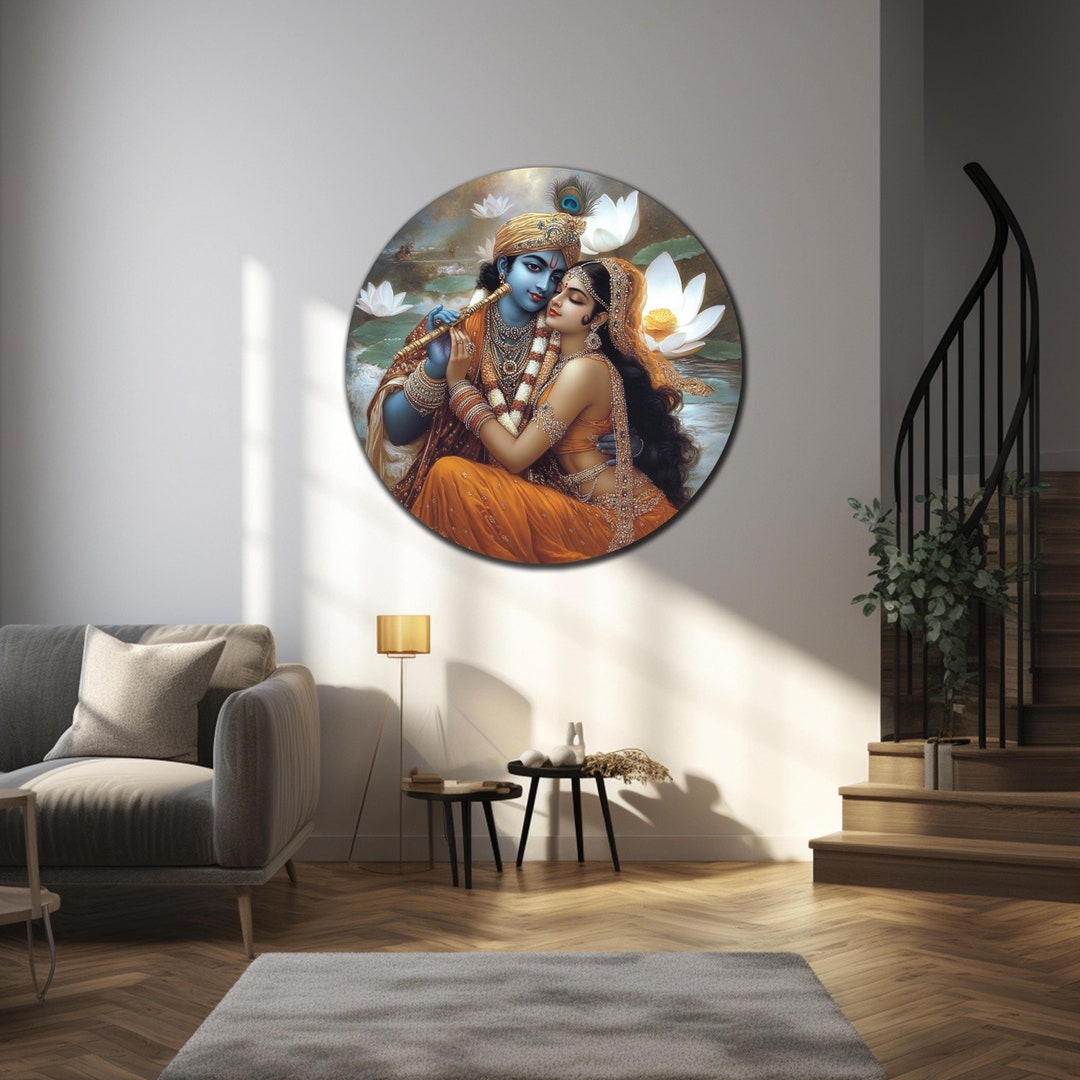 Lord Krishna and Radha Tempered Glass Wall Art, Hindu Wall Art, Round ...
