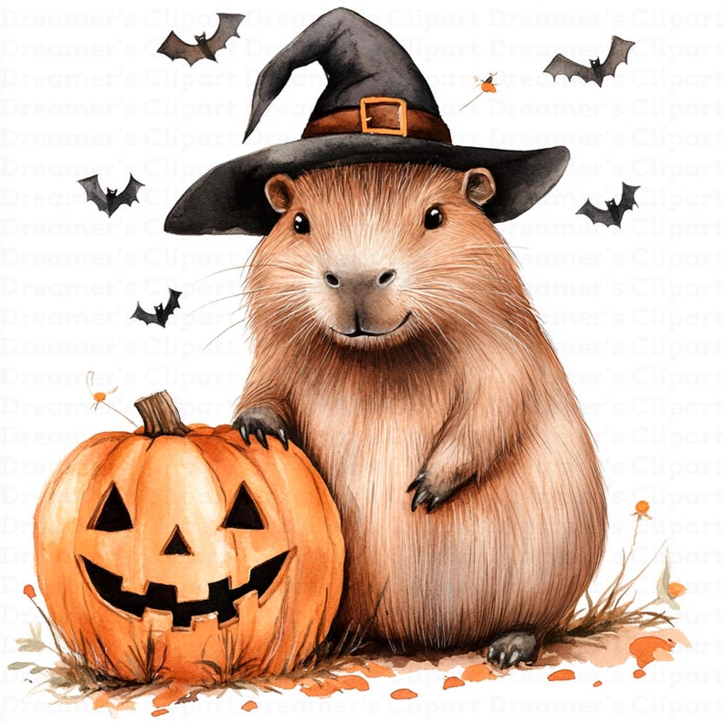 Capybara Halloween Clipart Cute Capybara With Pumpkin and Witch Hat ...
