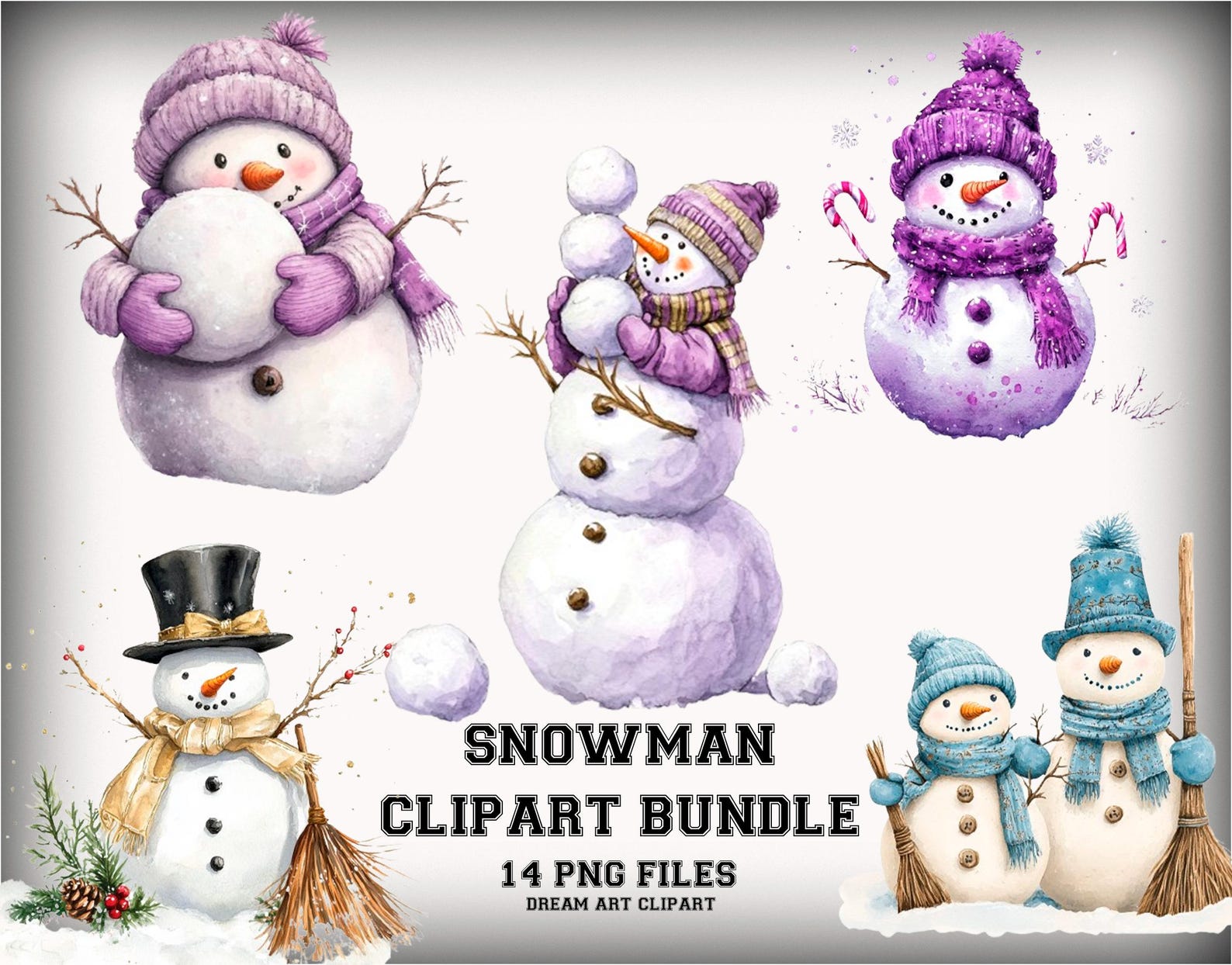Whimsical Snowmen Clipart Bundle Snowmen With Hats, Scarves & Lanterns ...