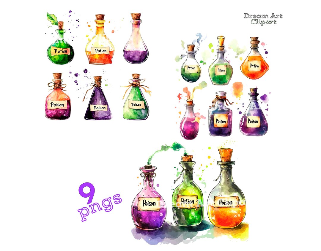 Magic Potion Bottles Clipart Set Watercolor Poison Bottles, Witchcraft ...