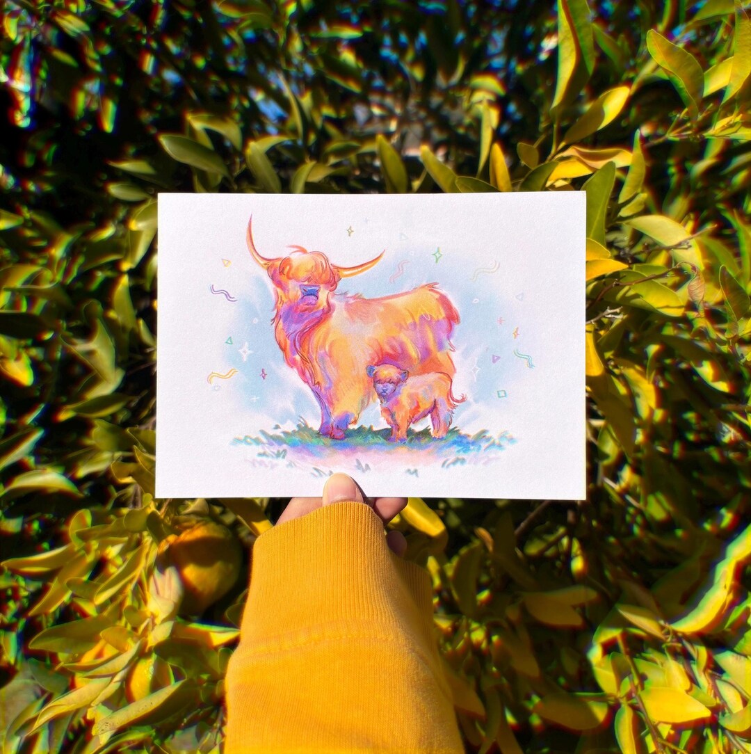5x7 Cute Fuzzy Highland Cows | Original Illustration | Digital Art ...