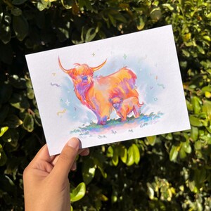5x7 Cute Fuzzy Highland Cows | Original Illustration | Digital Art ...