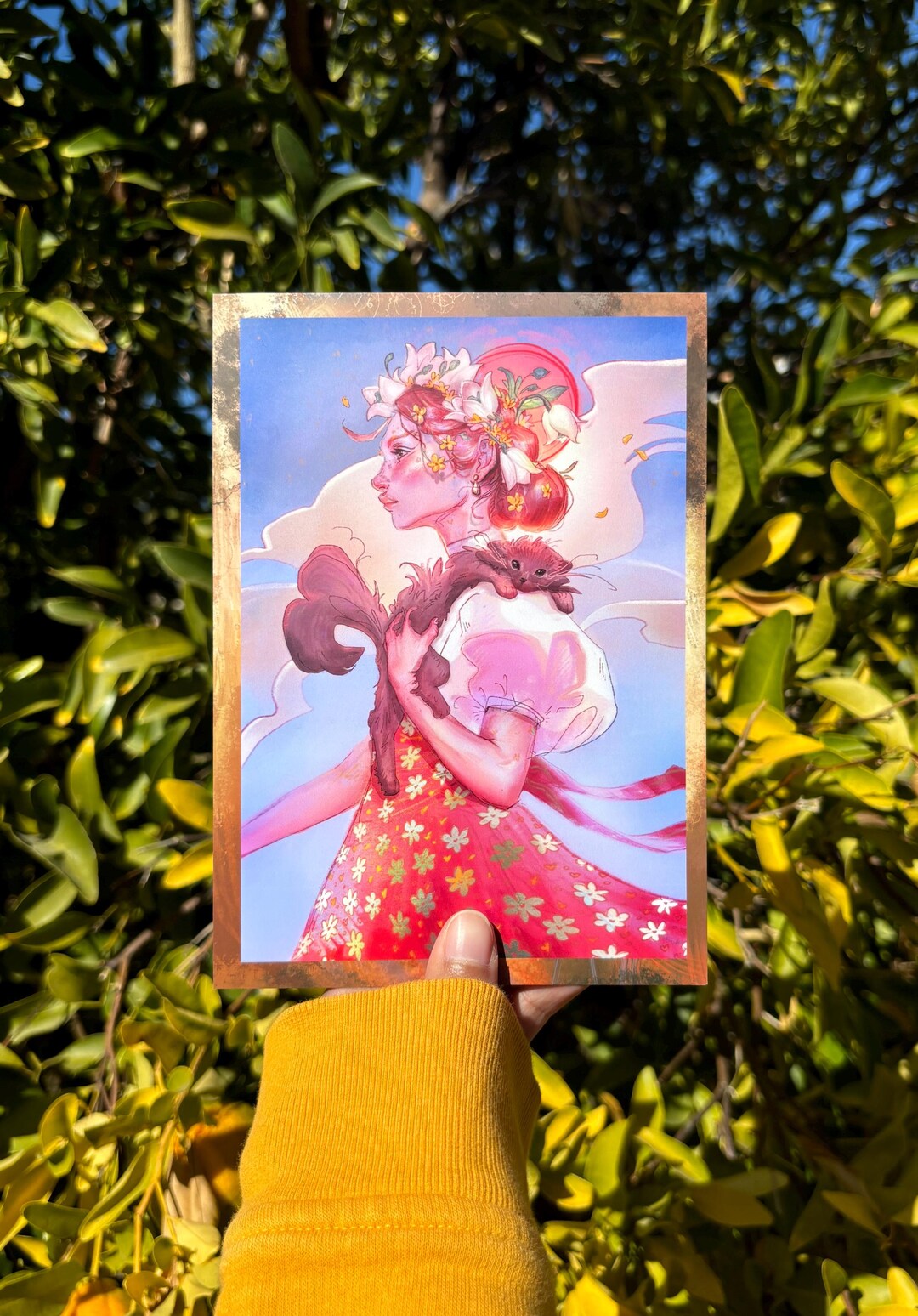 Cottagecore Cat Postcard: Whimsical Red Floral Crown Painting (5x7) - Etsy