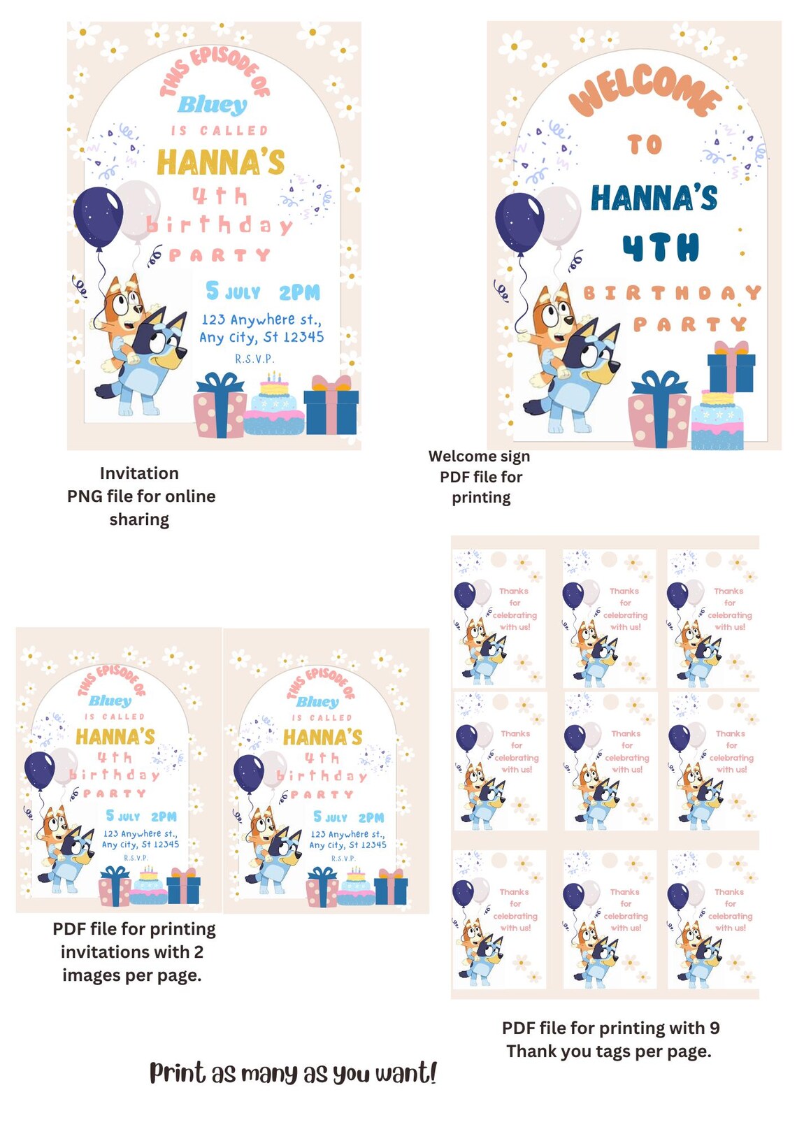 Editable Bluey Girls Daisy Bundle Birthday Invitation, Welcome Sign ...