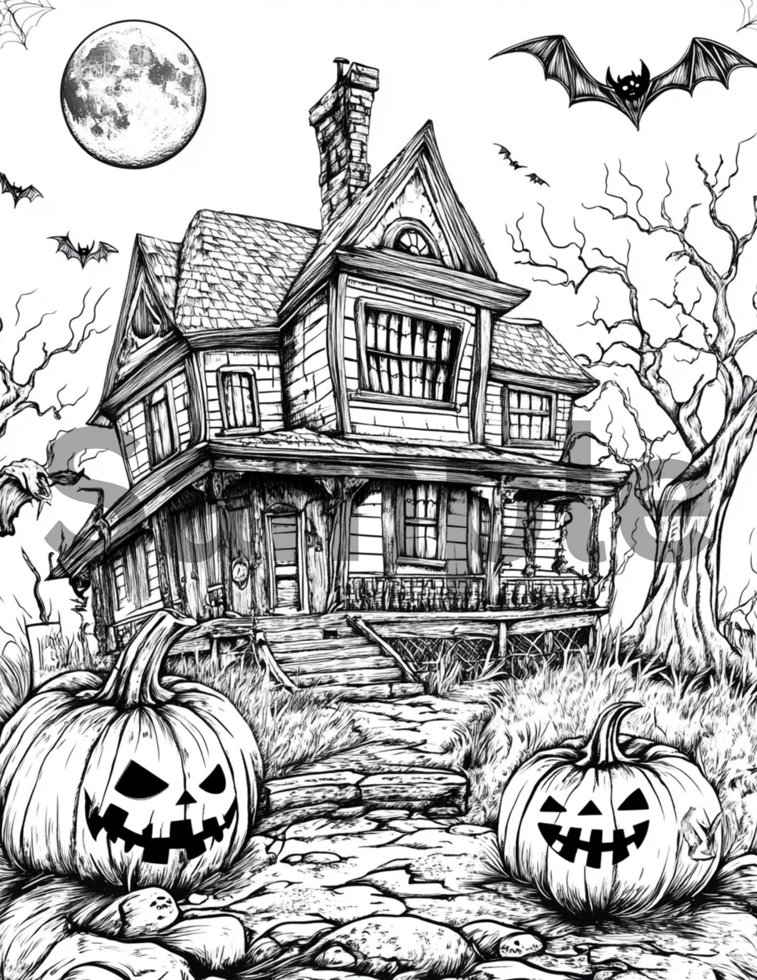 Printable Haunted House Coloring Page for Halloween Spooky Digital ...