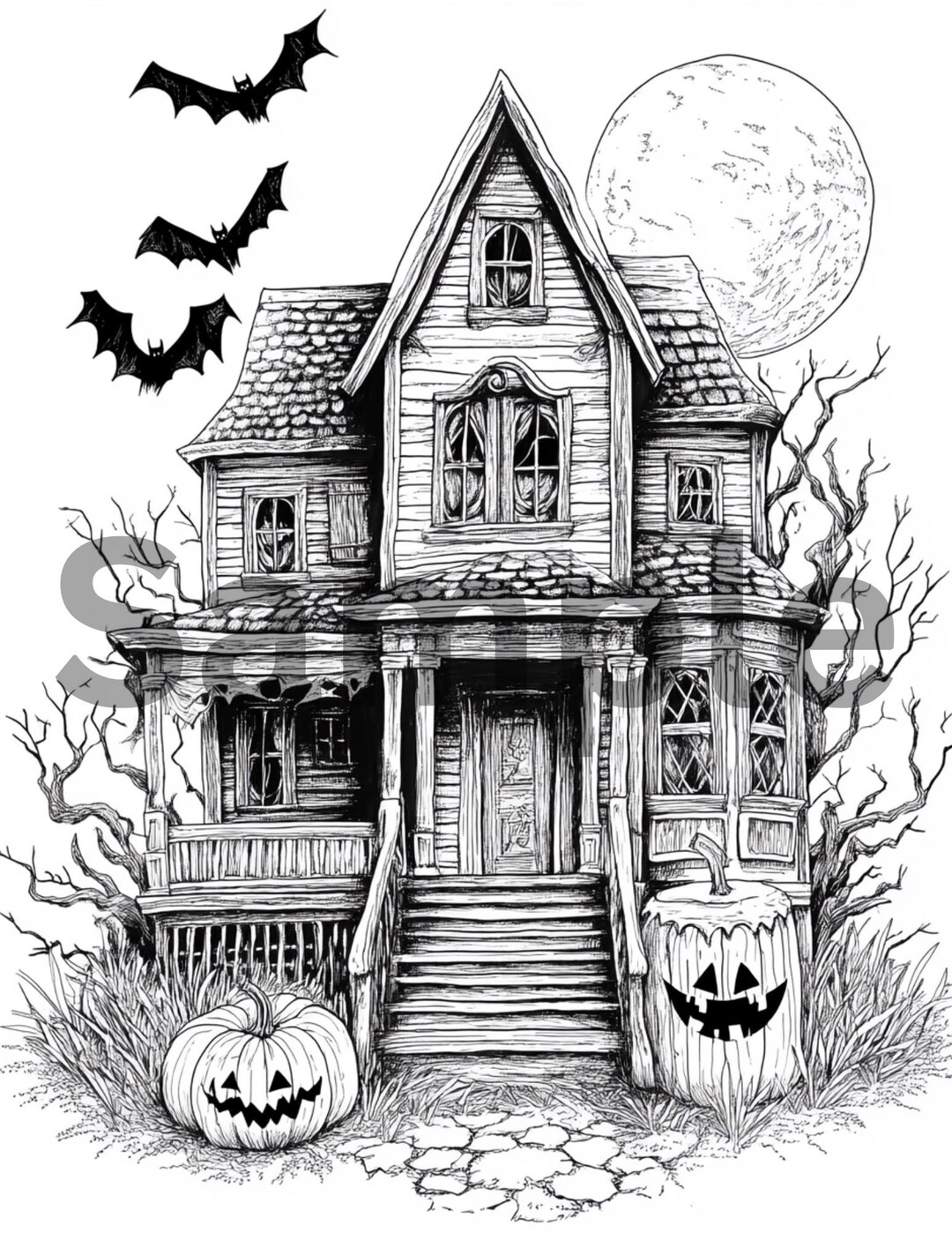 Printable Haunted House Coloring Page for Halloween Spooky Digital ...