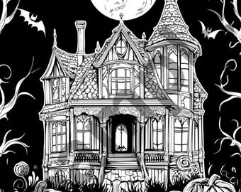 Printable Haunted House Coloring Page for Halloween Spooky Digital ...