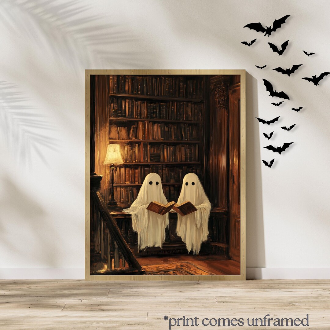Cute Ghosts in a Library Print, Reading Ghost, Ghost Poster, Vintage ...