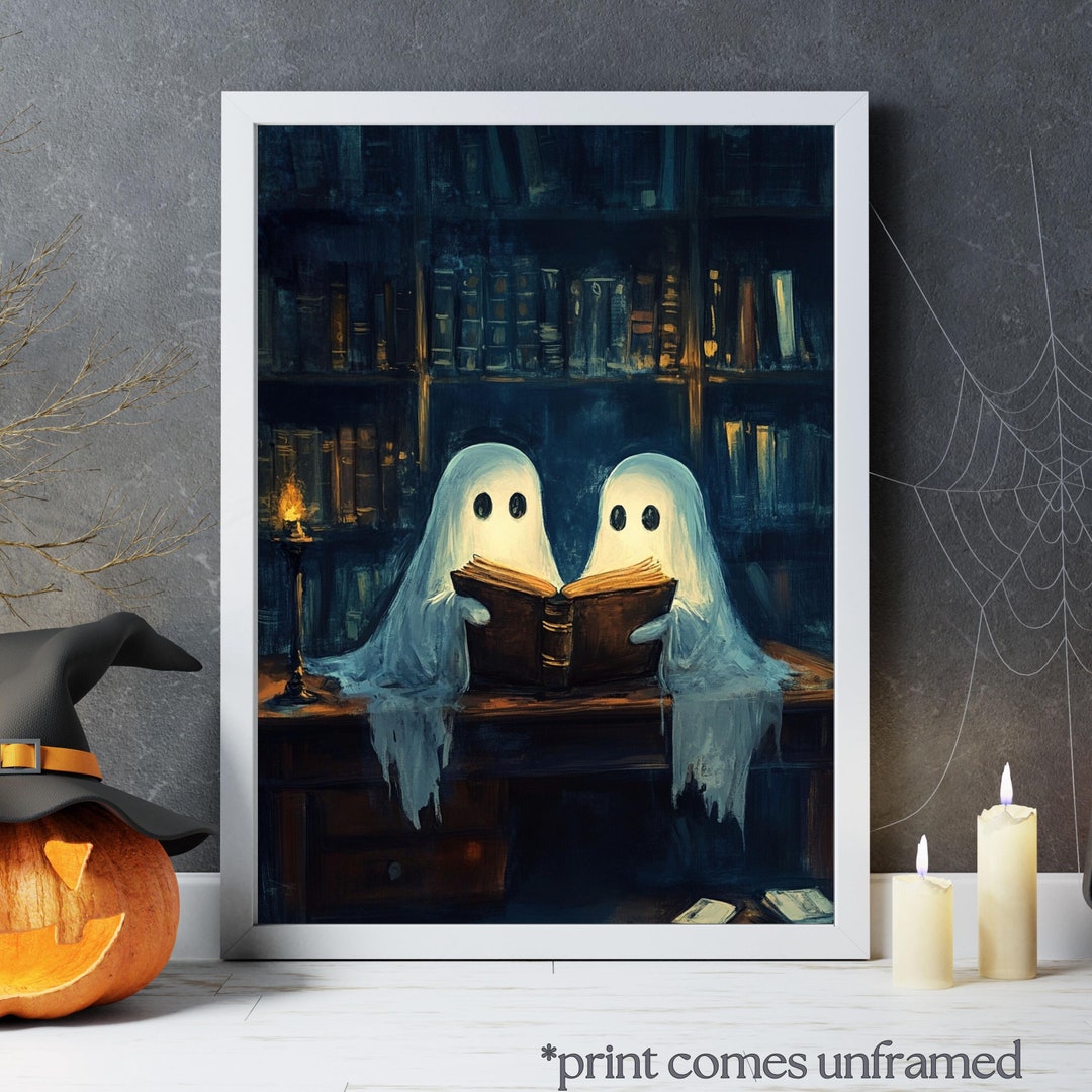 Cute Ghosts in a Library Print, Reading Ghost, Ghost Poster, Vintage ...