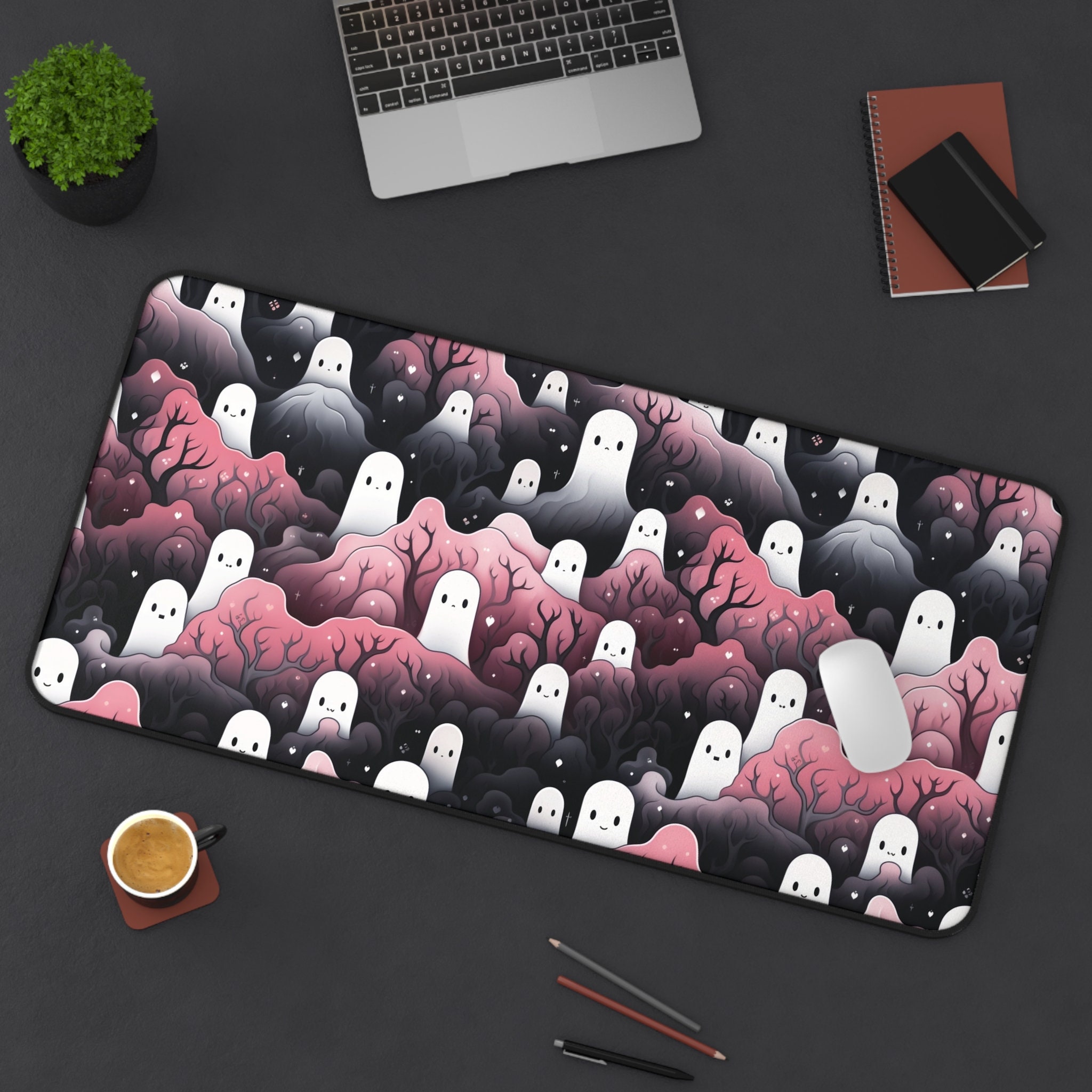 Cute Kawaii Ghosts Desk Mat, Goth Mouse Pad, Pink and Black Mousepad ...