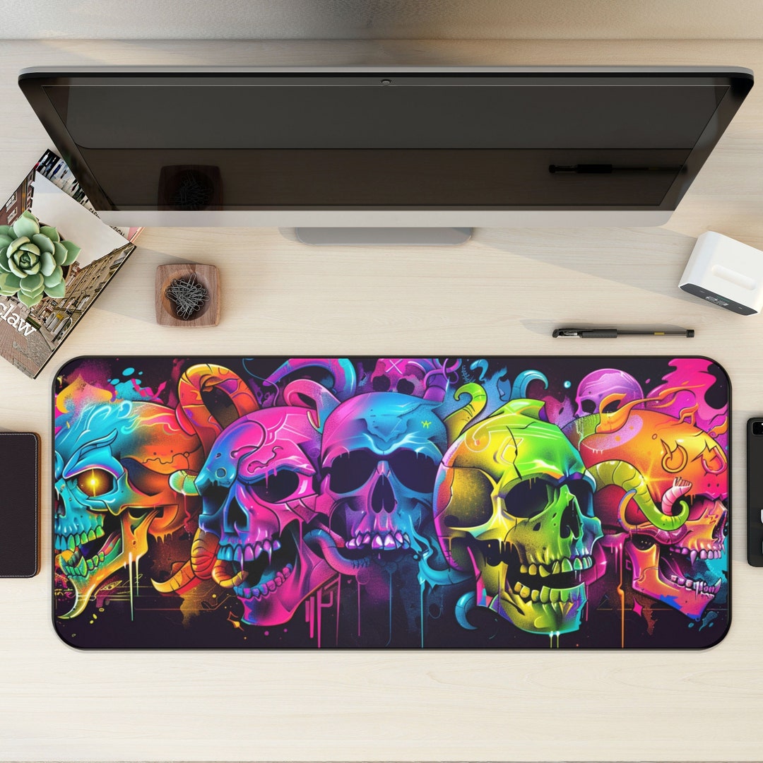 Neon Skull Desk Mat, Psychedelic Office Decor, Cool Monster Desk Pad ...