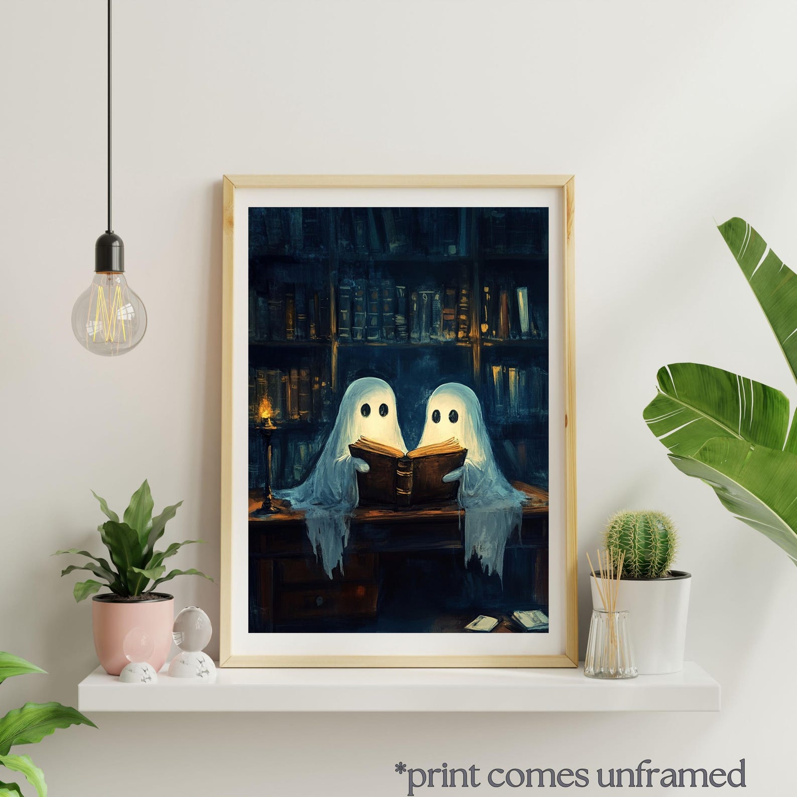 Cute Ghosts in a Library Print, Reading Ghost, Ghost Poster, Vintage ...