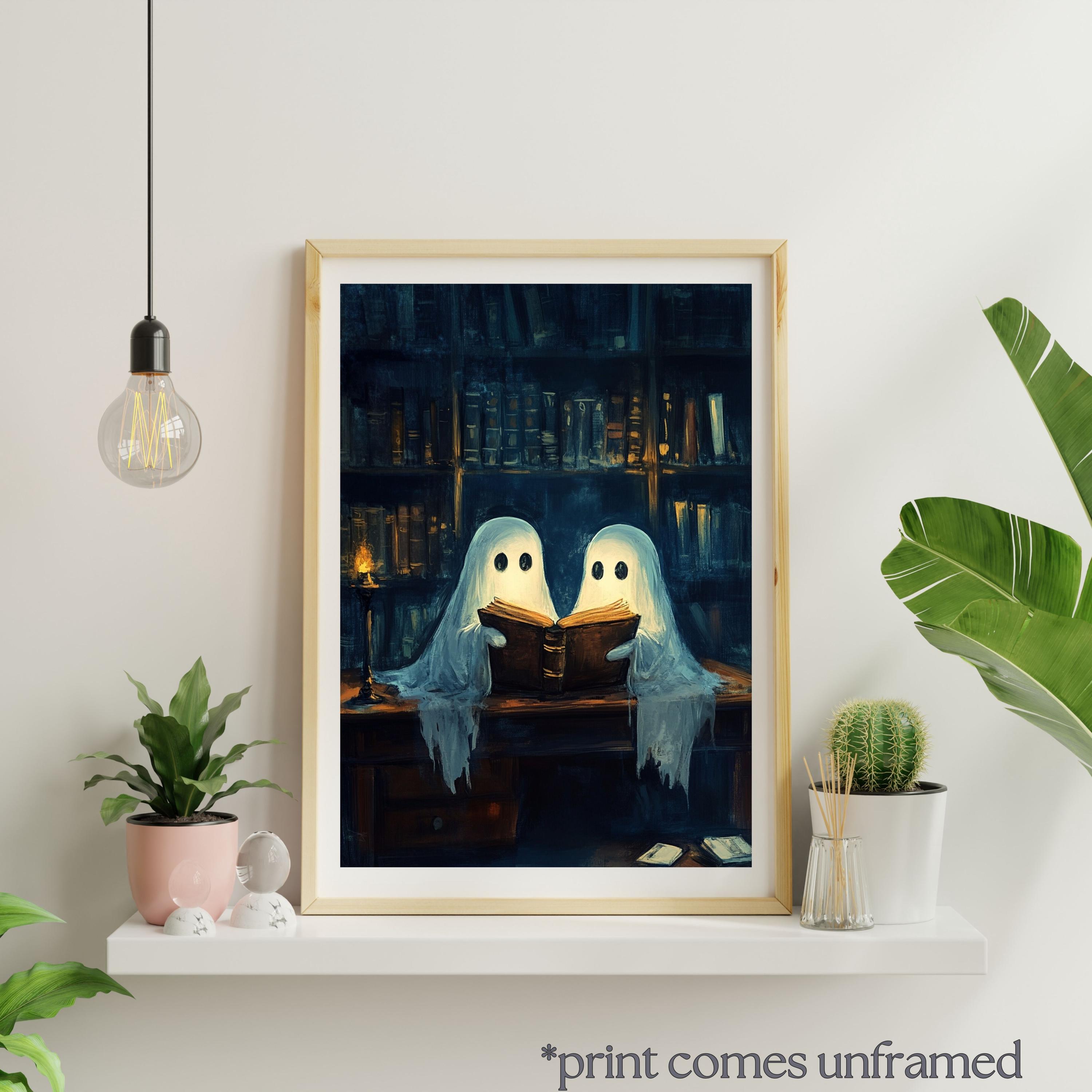 Cute Ghosts in a Library Print, Reading Ghost, Ghost Poster, Vintage ...