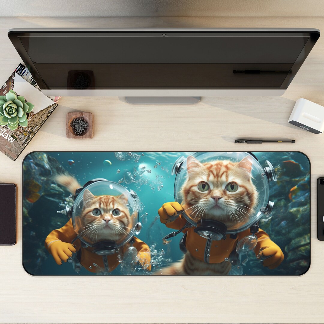 Funny Cat Gaming Mat, Kitty Desk Pad, Cute Cat Mousepad, Scuba Kitty ...