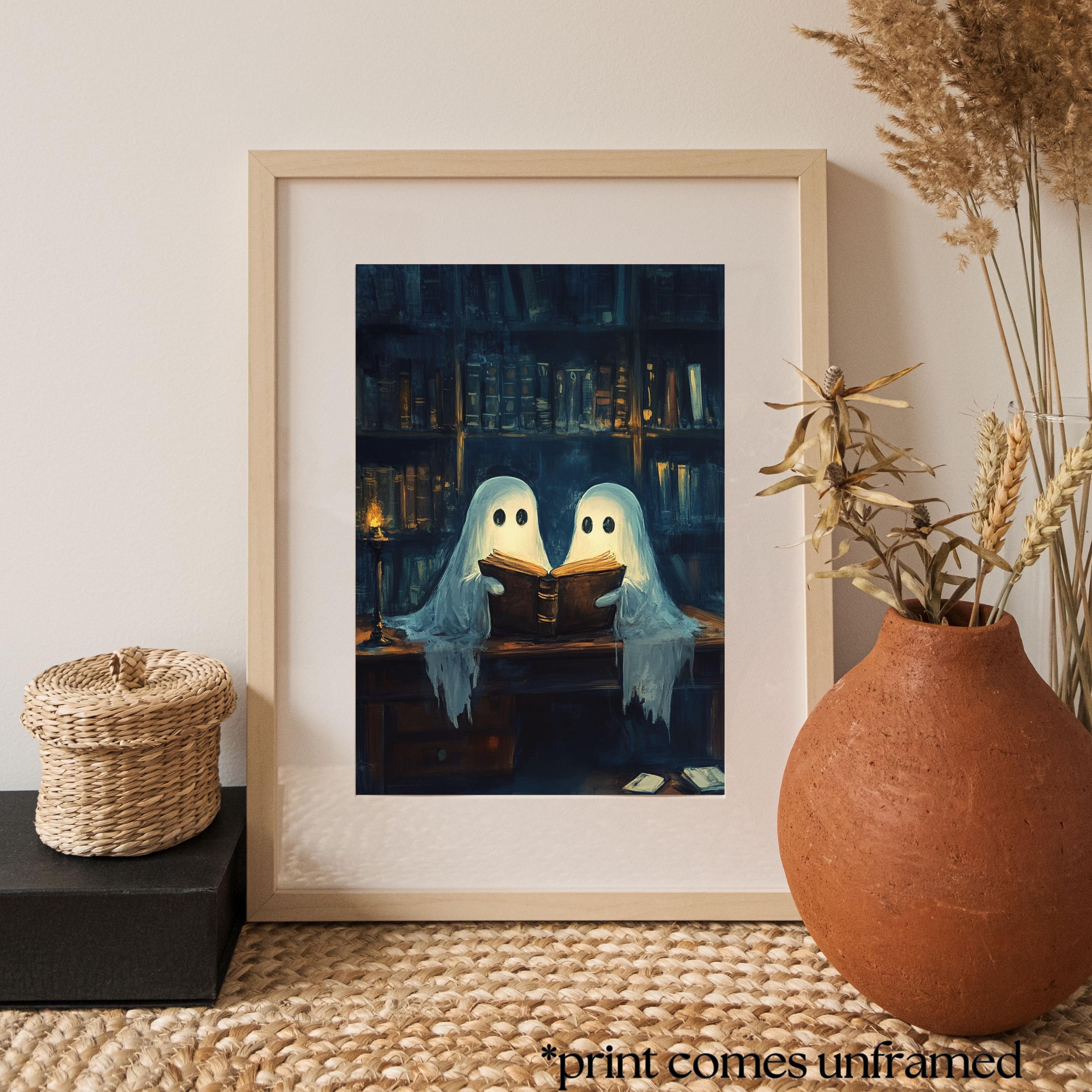 Cute Ghosts in a Library Print, Reading Ghost, Ghost Poster, Vintage ...