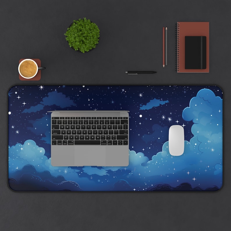 Blue Night Starry Sky Desk Mat, Blue Desk Pad, Kawaii Mouse Pad, Cute ...
