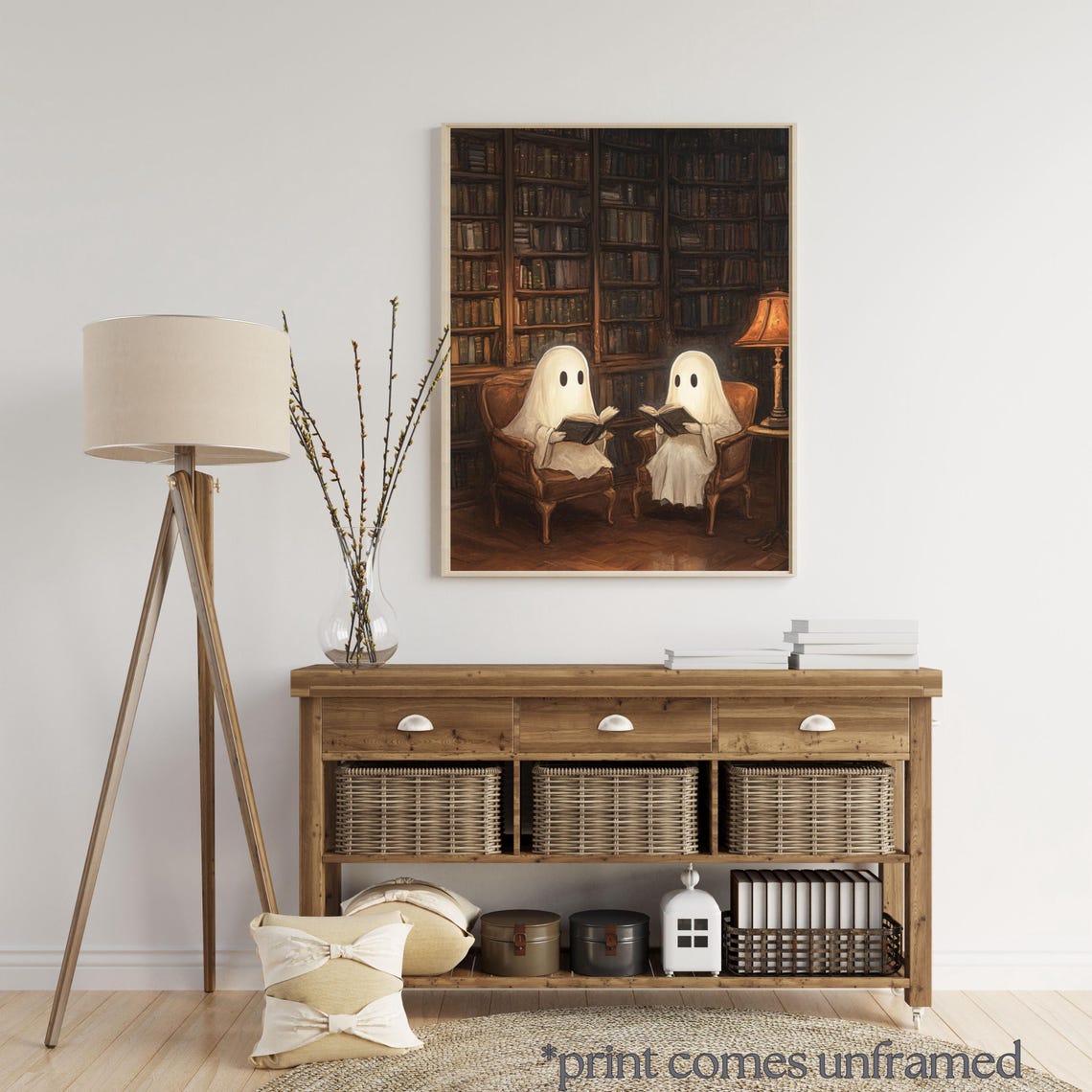 Cute Ghosts in a Library Print, Reading Ghost, Ghost Poster, Vintage ...
