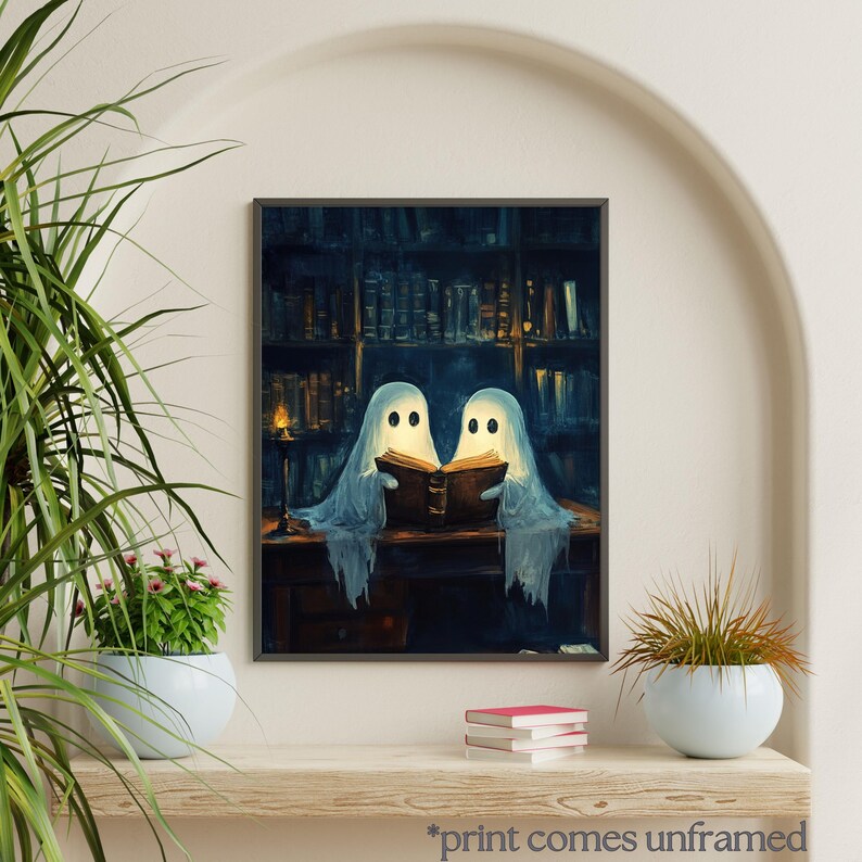 Cute Ghosts in a Library Print, Reading Ghost, Ghost Poster, Vintage ...