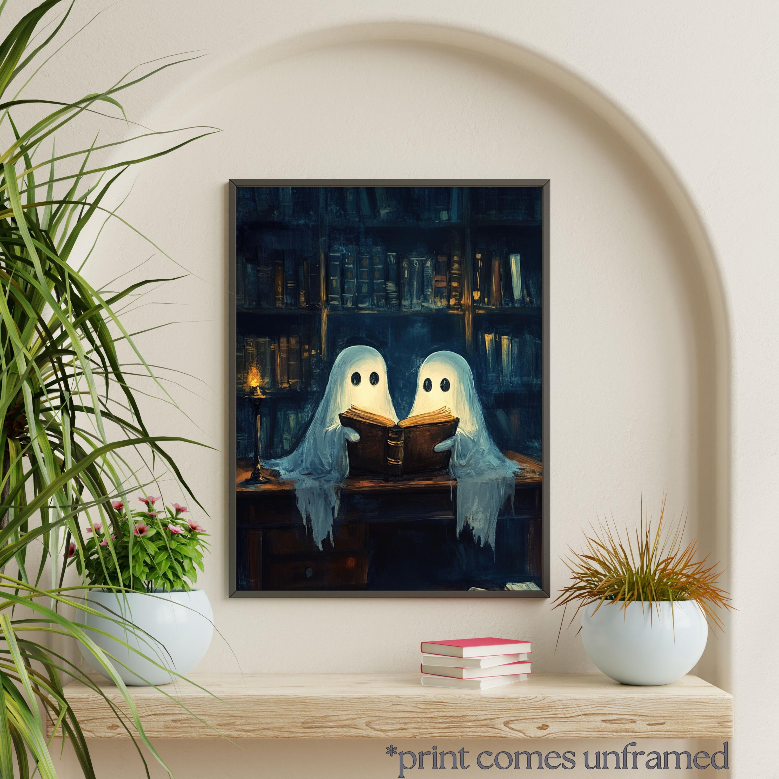 Cute Ghosts in a Library Print, Reading Ghost, Ghost Poster, Vintage ...
