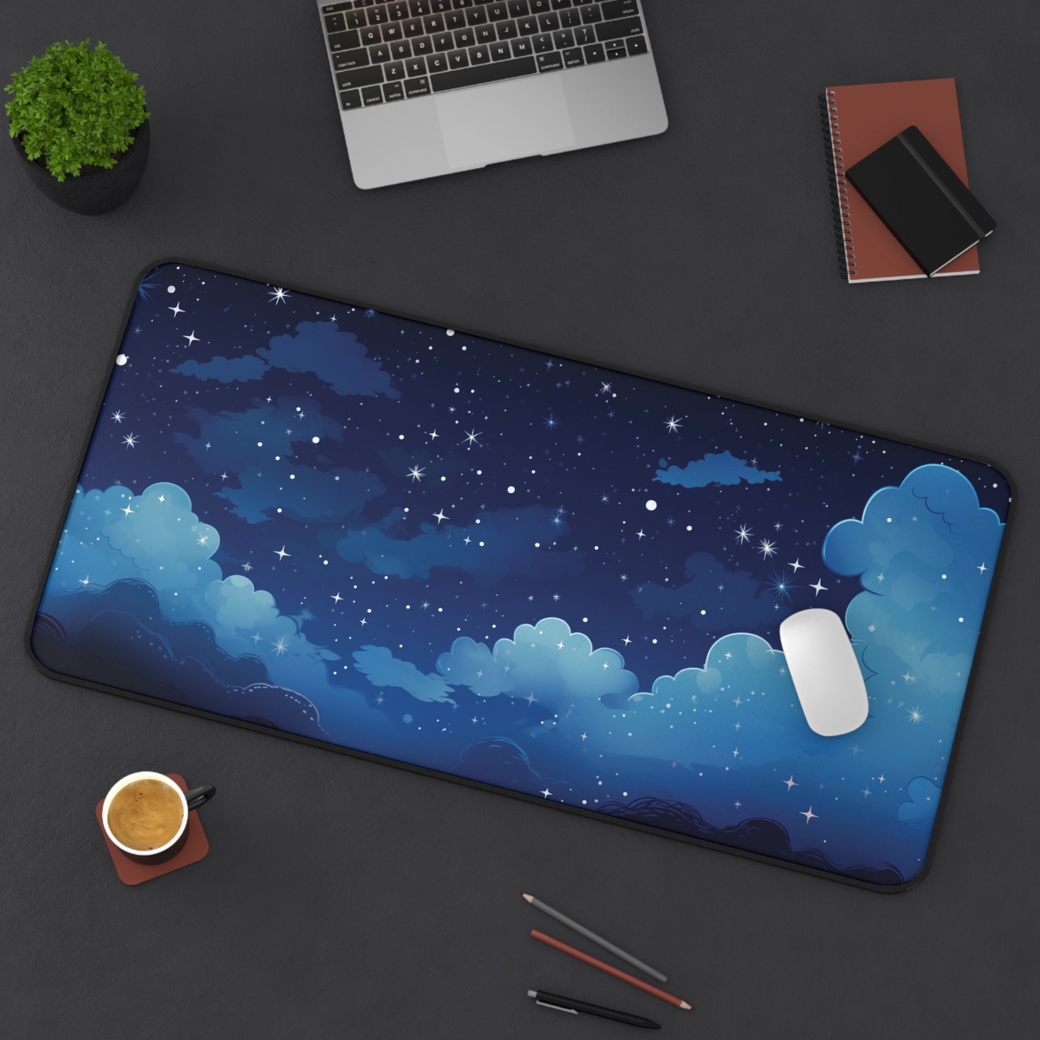 Blue Night Starry Sky Desk Mat, Blue Desk Pad, Kawaii Mouse Pad, Cute ...