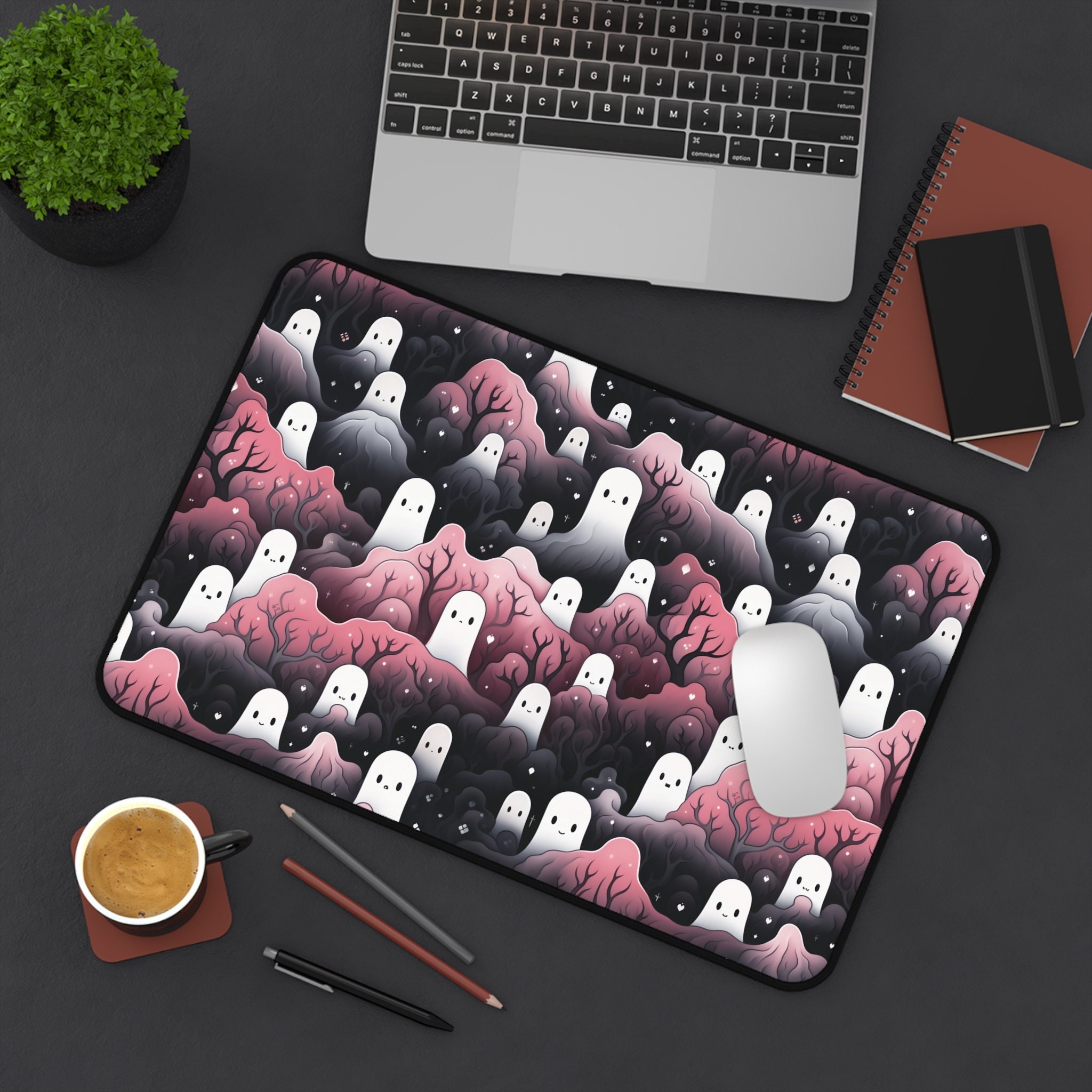 Cute Kawaii Ghosts Desk Mat, Goth Mouse Pad, Pink and Black Mousepad ...