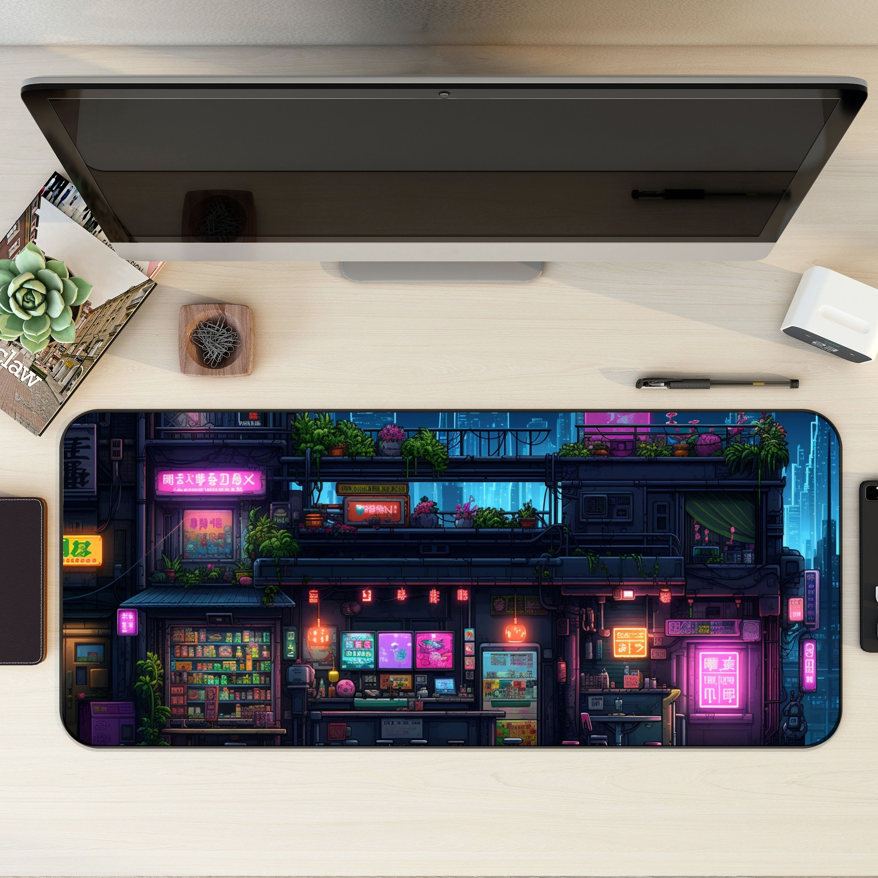 Cyberpunk Modern City, Ramen Shop Desk Mat, Neon Lights Desk Pad ...
