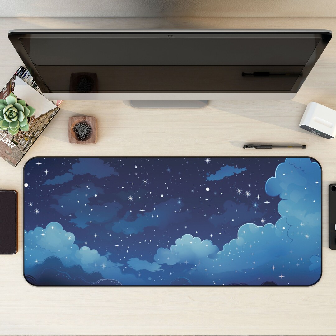 Blue Night Starry Sky Desk Mat, Blue Desk Pad, Kawaii Mouse Pad, Cute ...