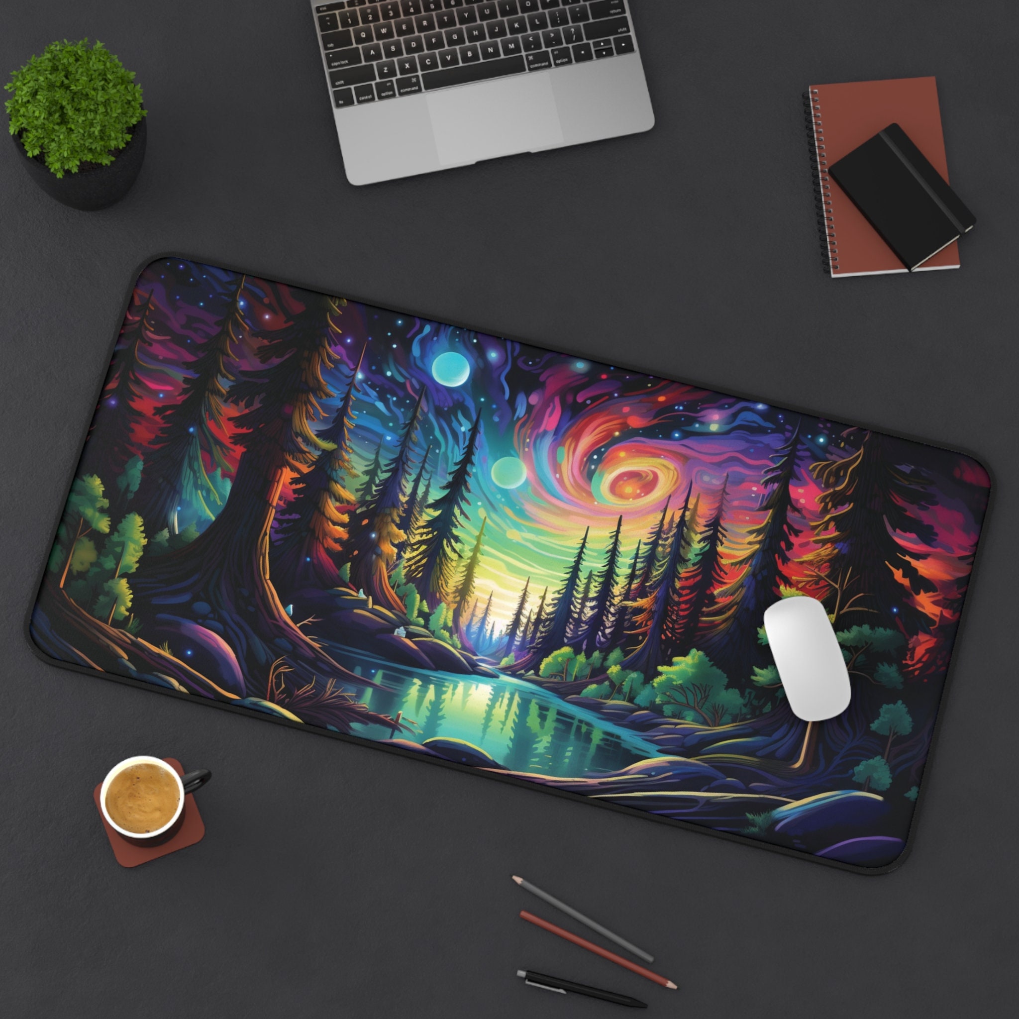 Mystic Neon Forest Gaming Desk Mat, Trippy Mousepad, Cute Mouse Pad ...